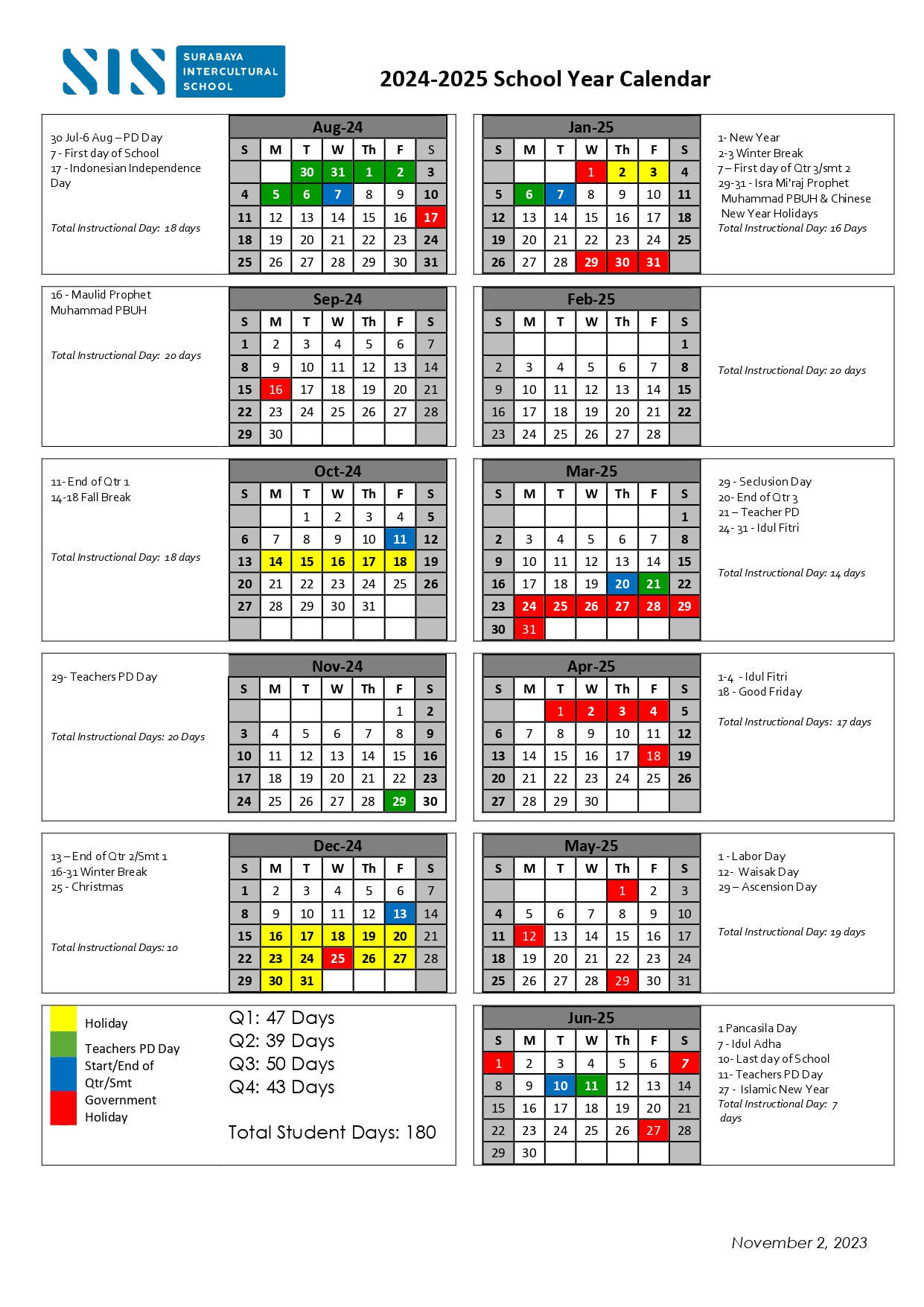 School Year Calendar | Surabaya Intercultural School